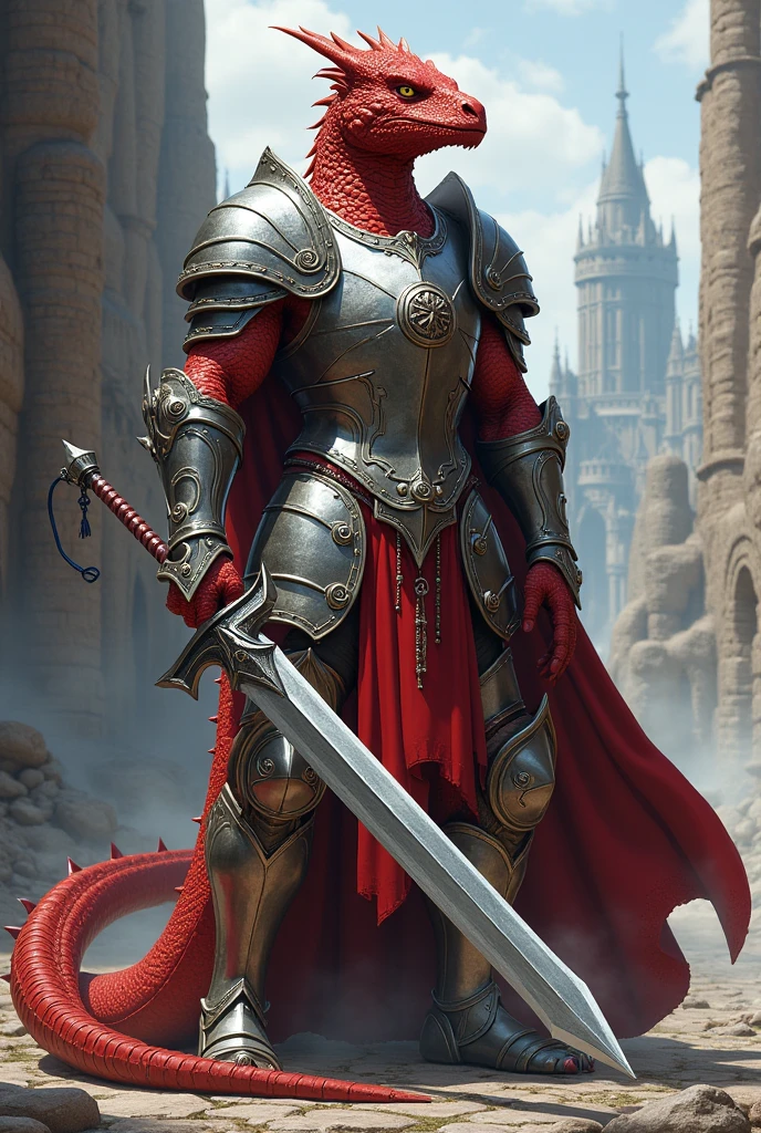 Male red dragonborn paladin with silver plate armor and long sword ...