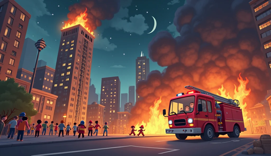Create a cinematic cartoon video. Scene 1: At night in a modern city ...
