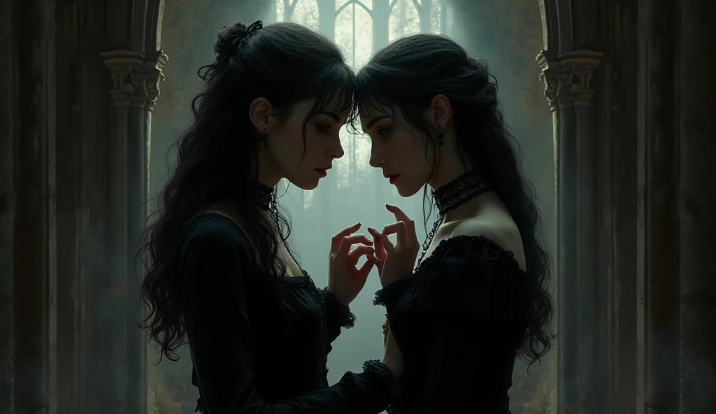 Two gothic girls holding hands in front of gothic arches, suggestive ...