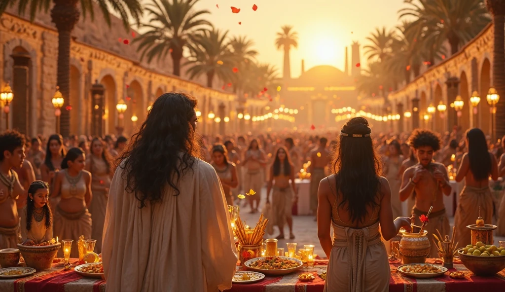 Ultra wide cinematic shot of a lively ancient Egyptian celebration in a ...