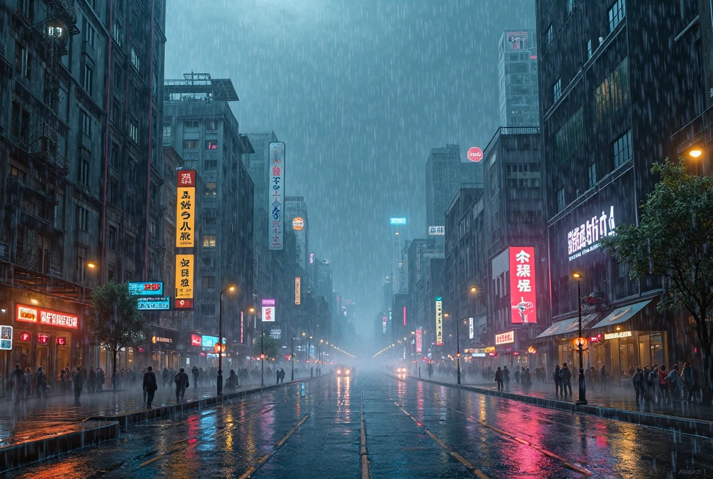 Heavy rainstorm over a city skyline at night, glowing neon reflections ...