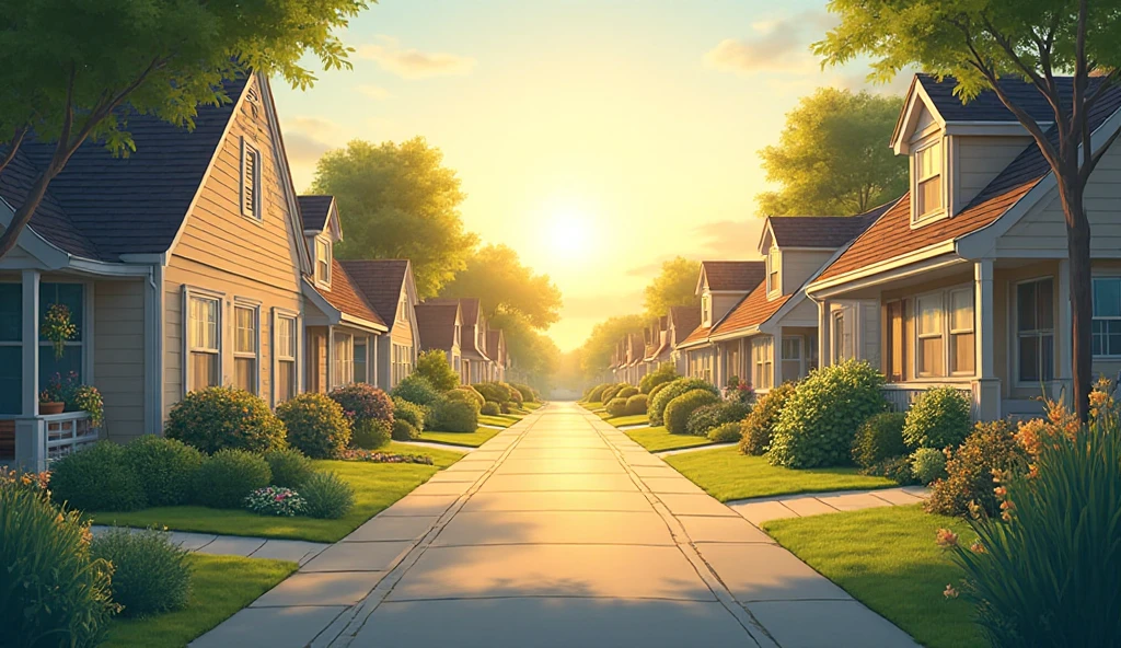 Peaceful Neighborhood "A quiet suburban street at sunrise, neat houses ...
