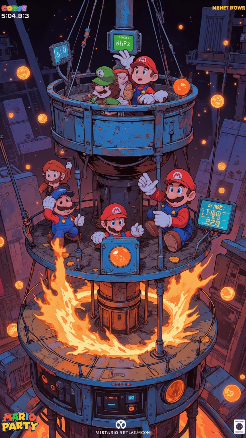 Mario Party minigame screen、4 players competing、retro 3D graphics ...