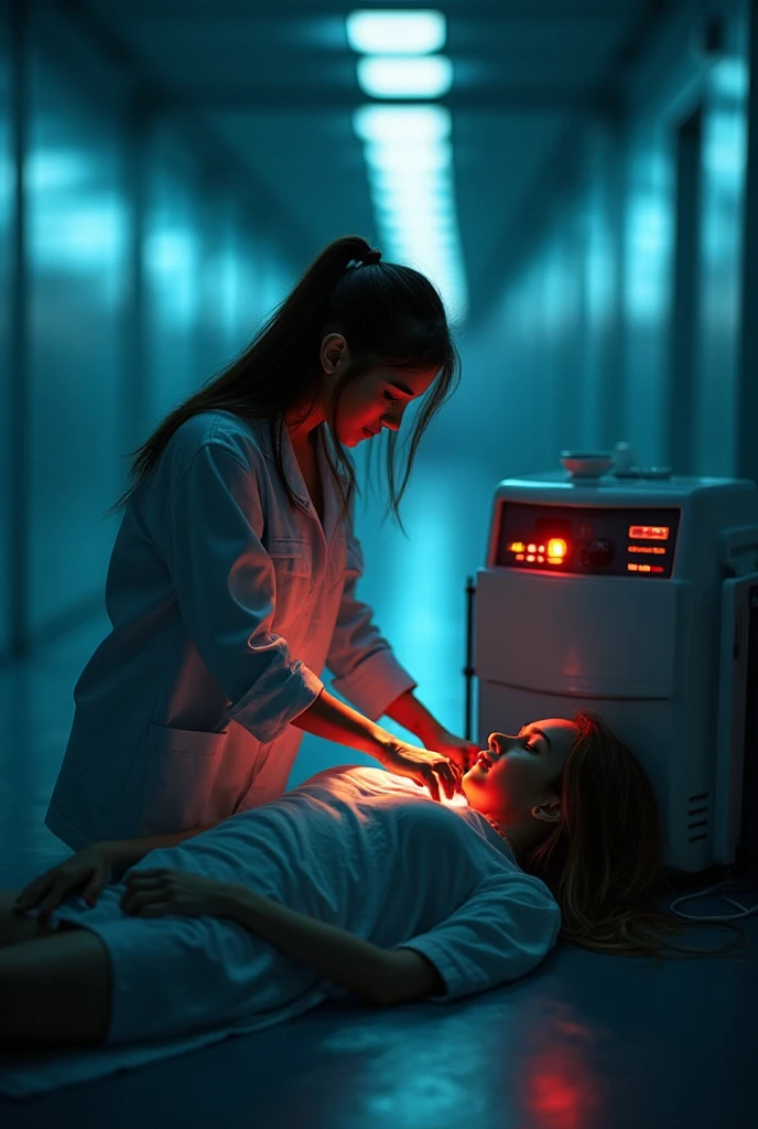 Create a futuristic, high-tech medical laboratory scene with a ...