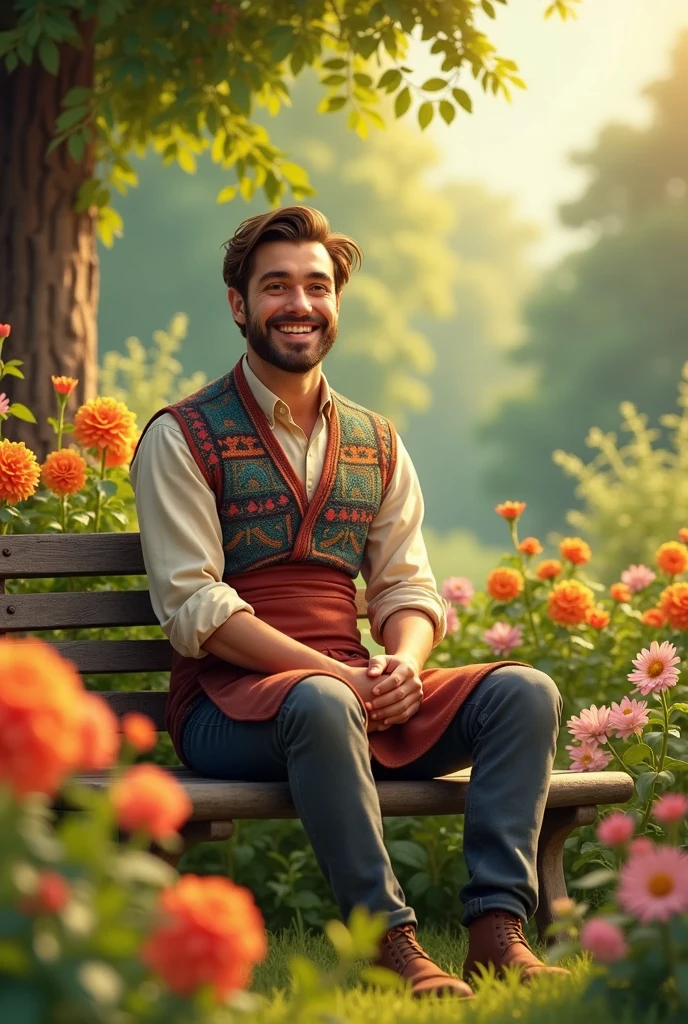 A man sitting in a garden, vest with apron, highly detailed, Zwxthejx ...