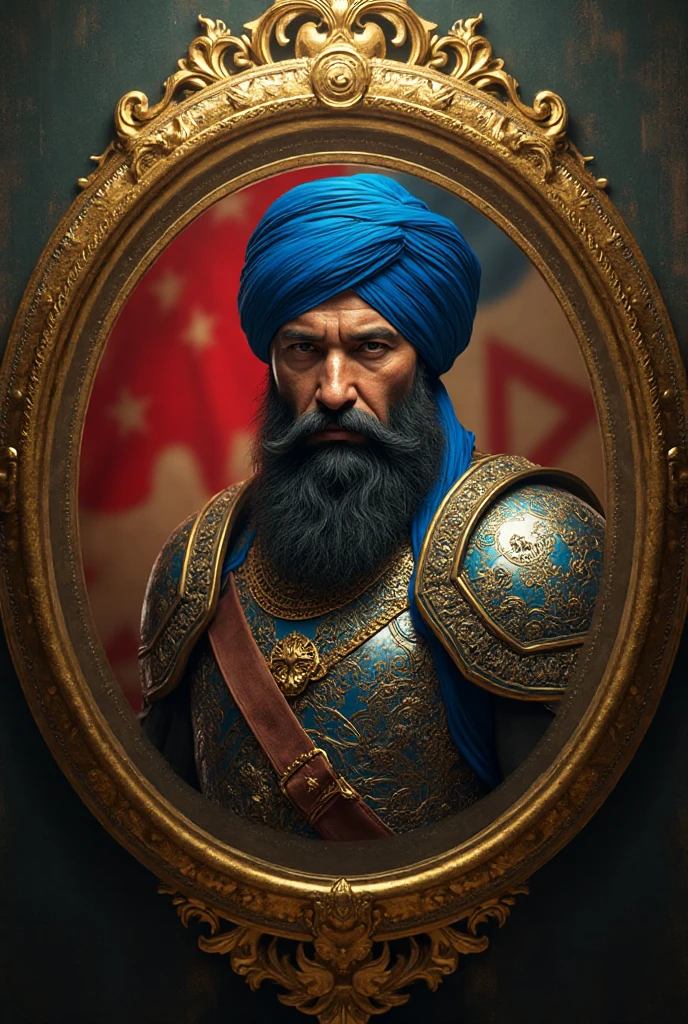 Epic medieval warrior portrait inside a golden ornamental round frame ...