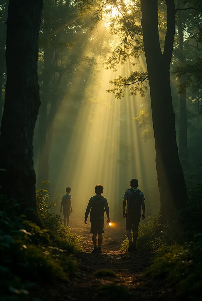 A dramatic cinematic scene of young adventurers exploring a mysterious ...