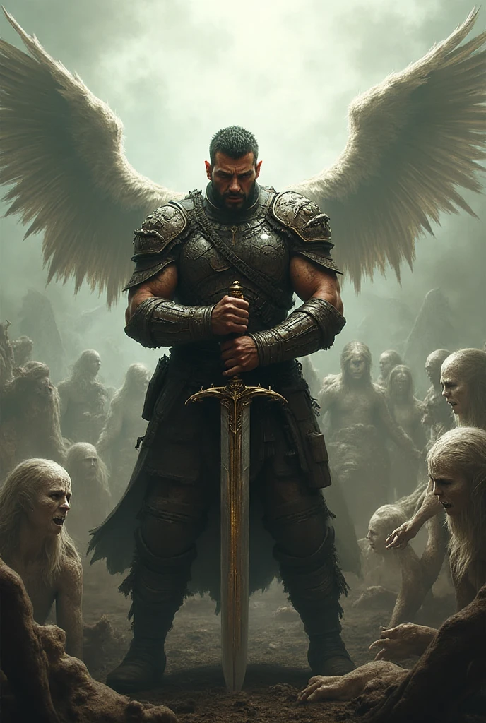 A soldier with a sword in his hand surrounded by fallen angels - SeaArt AI