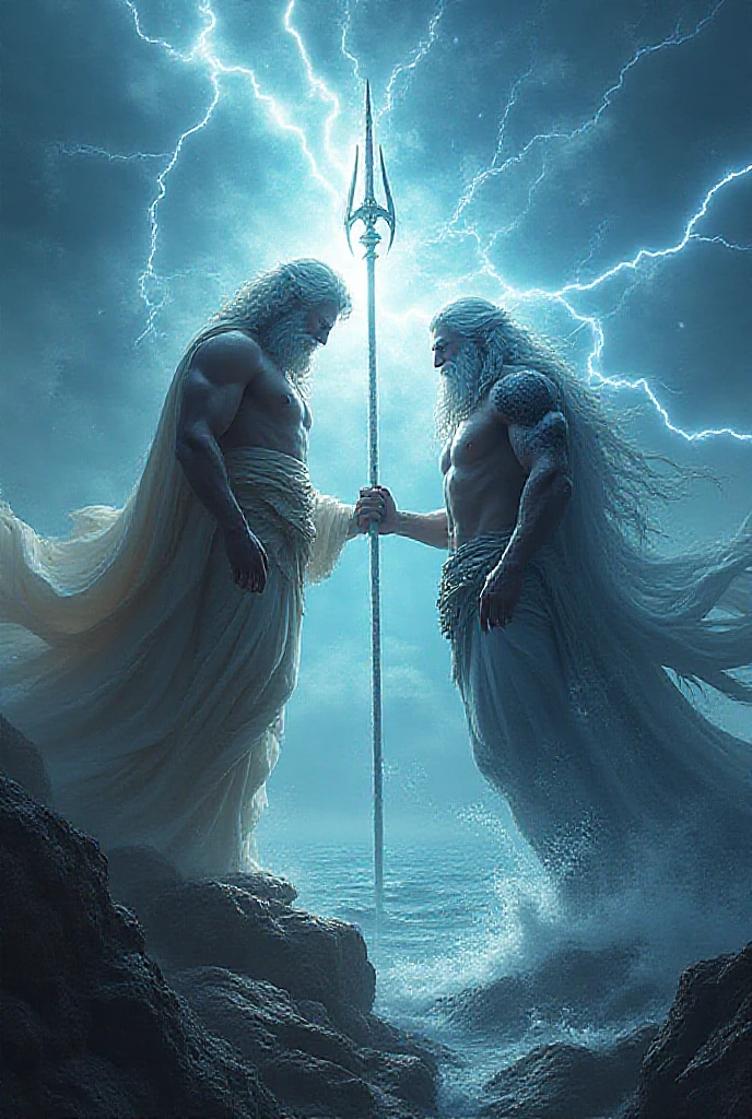 Mount Olympus summit、thunderous Zeus and Poseidon holding a three ...