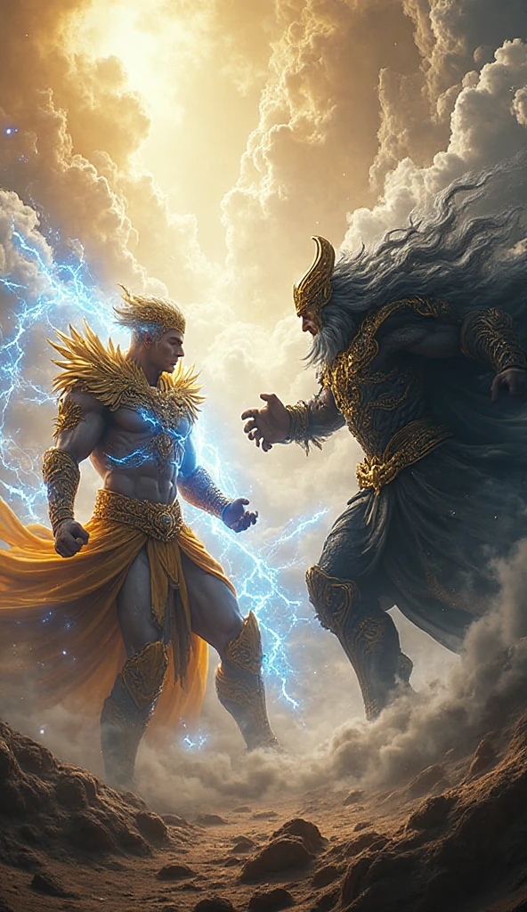 Ancient gods in epic battle, dramatic cinematic vision, a thunder god ...