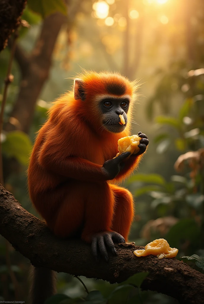 A capuchin monkey with bright reddish fur sitting on a thick branch of ...