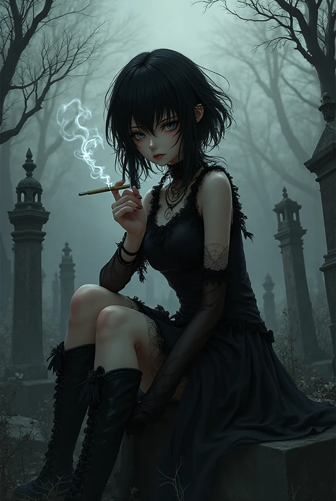 An anime emo girl sitting in the cemetery smoking cigarettes - SeaArt AI