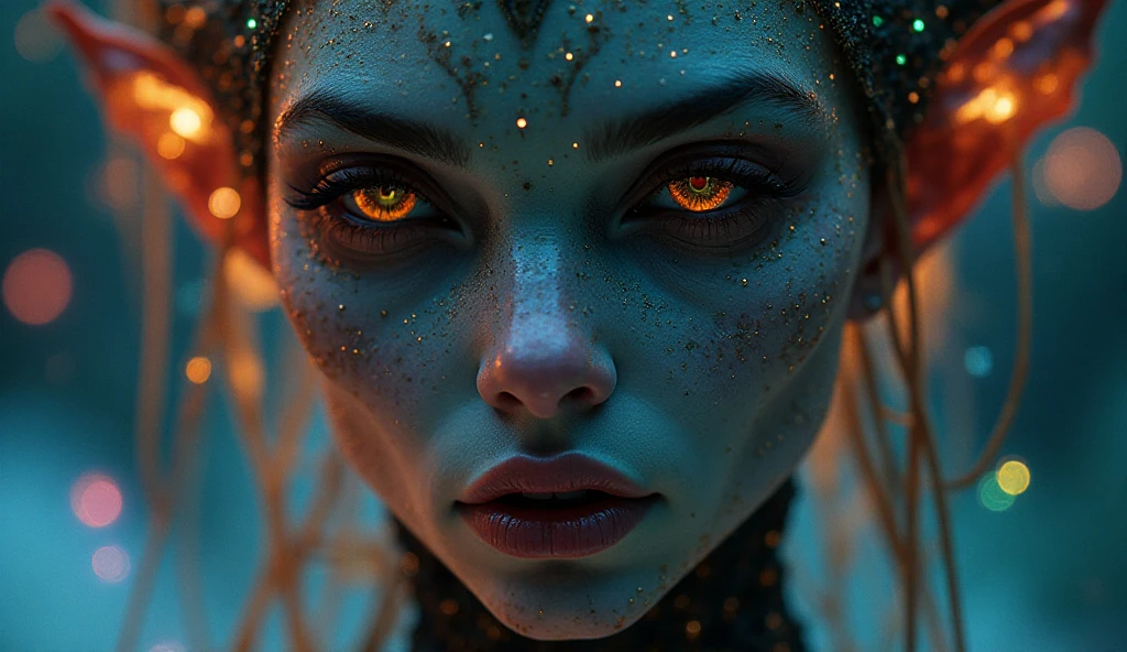 Cinematic medium close-up of a humanoid female with elongated alien ...