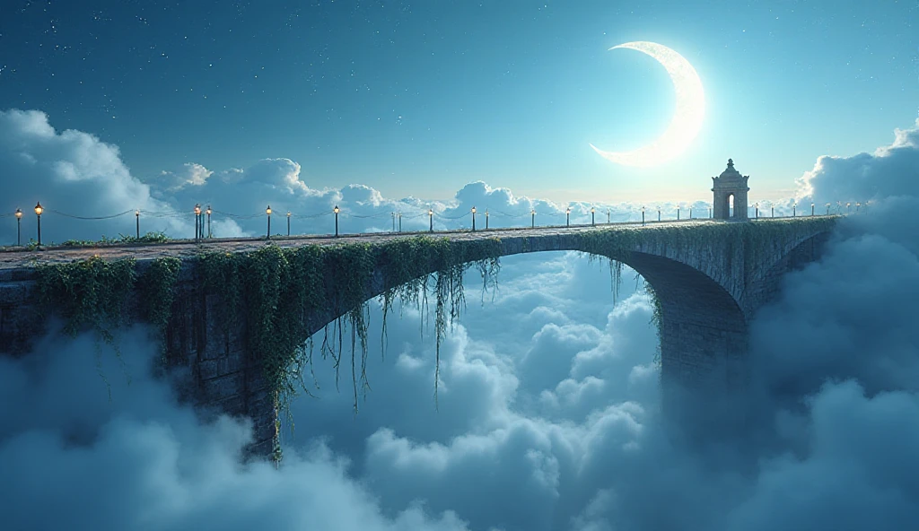 An ancient stone bridge suspended in the middle of the sky, stretching ...