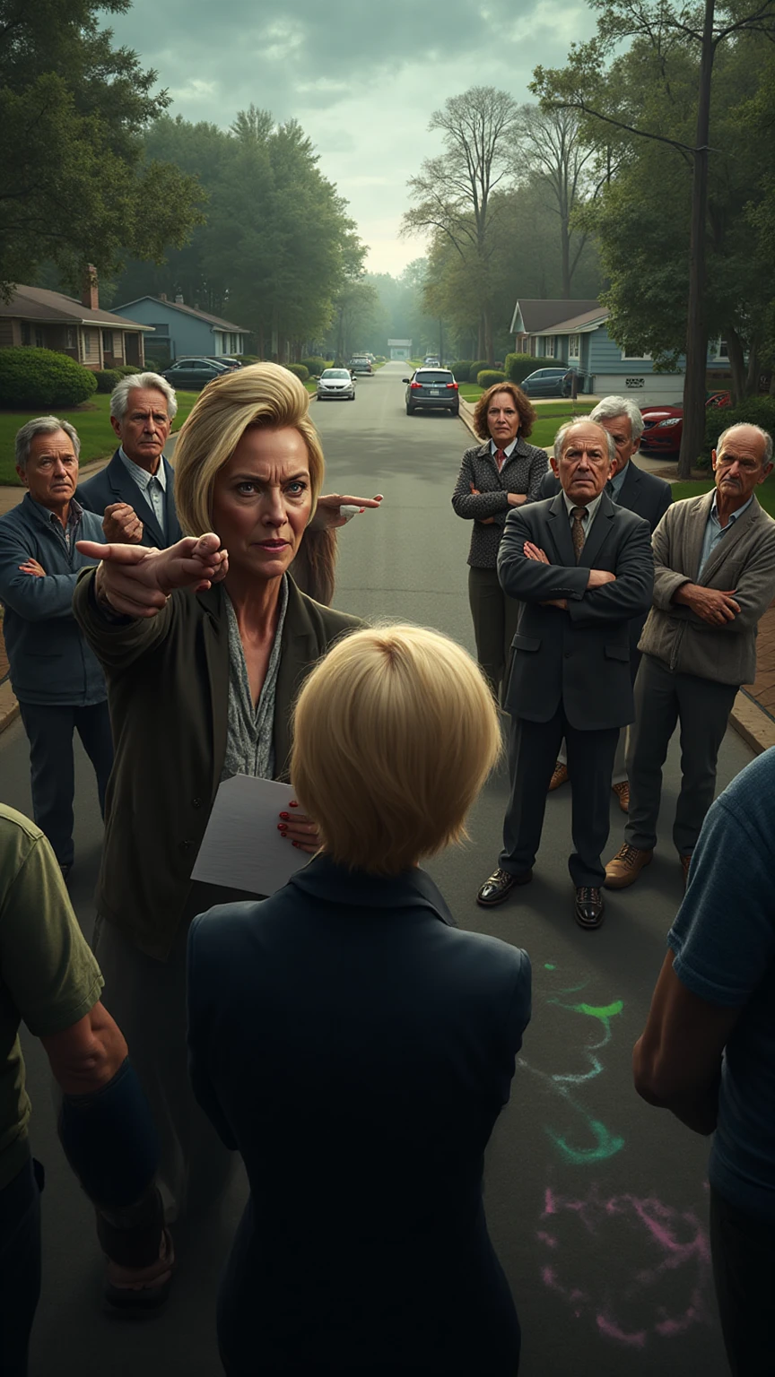 A realistic, dramatic suburban neighborhood scene. In the foreground ...