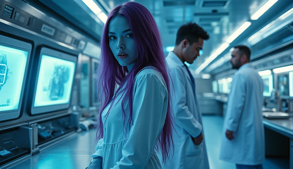 Inside a futuristic high-tech laboratory with sleek metallic walls and ...