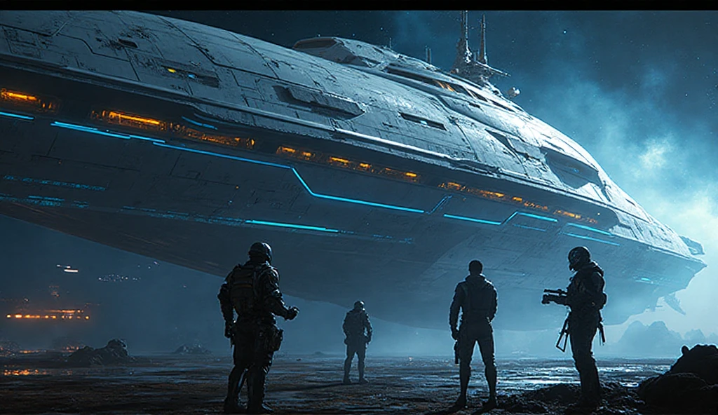 A massive quantum-locked human warship in deep space, sleek white ...