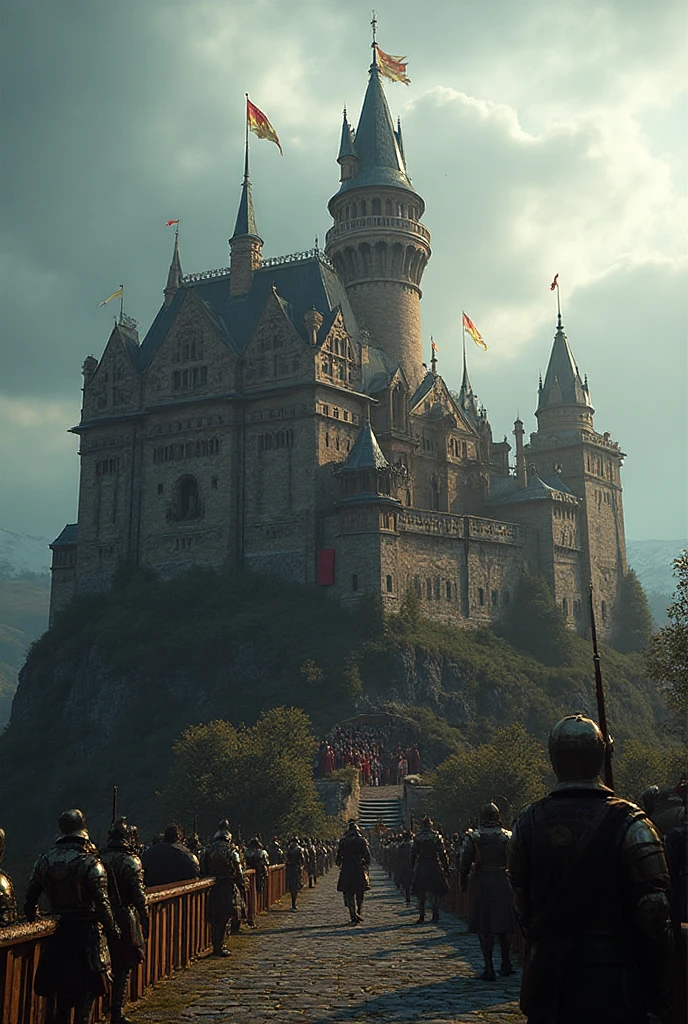 2. Medieval Hungarian castle on a hill, banners waving, armored ...