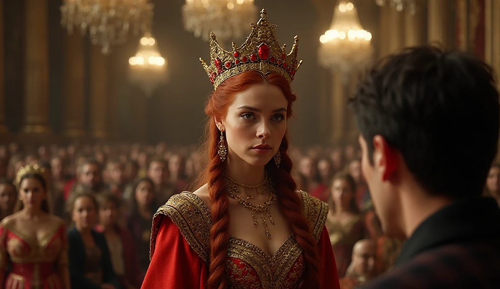 Cinematic and realistic royal palace scene. A young beautiful woman ...