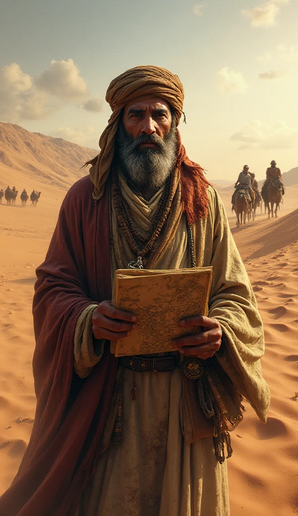 "Ancient traveler Ibn Battuta with map and compass, desert caravan in ...