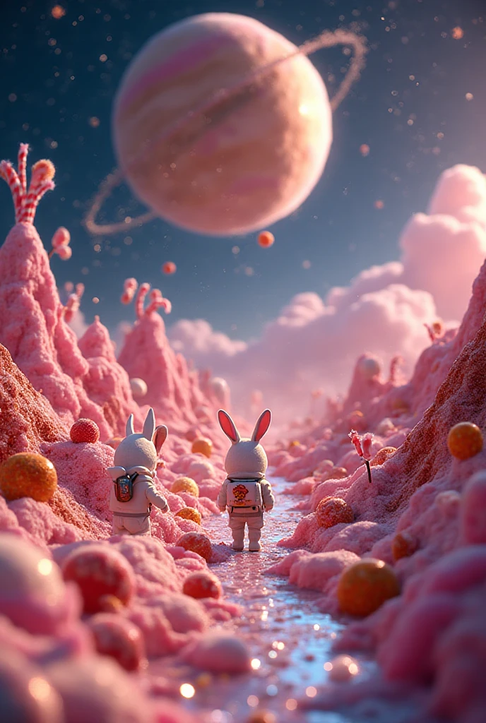 "A team of tiny rabbits dressed as Pixar-style astronauts are building ...