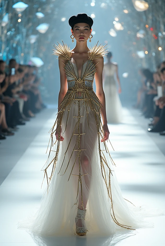 A female model walks on a surreal Paris runway wearing a couture gown ...