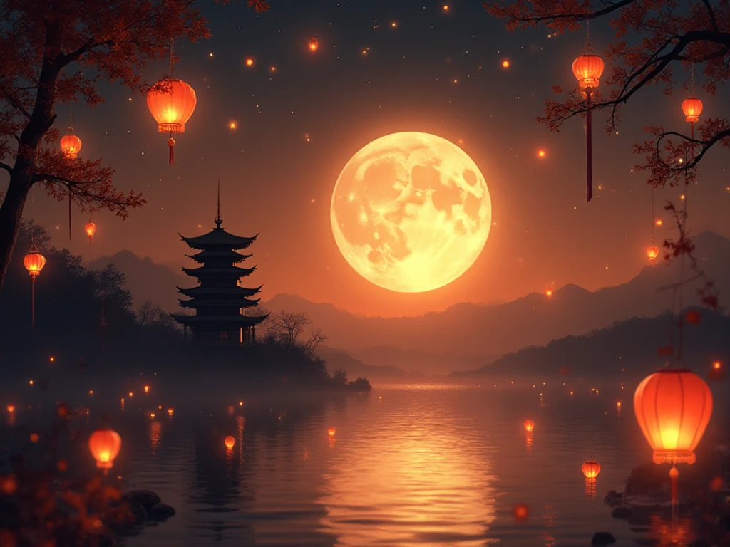 "Chinese Mid-Autumn Festival, glowing full moon, floating lanterns in ...
