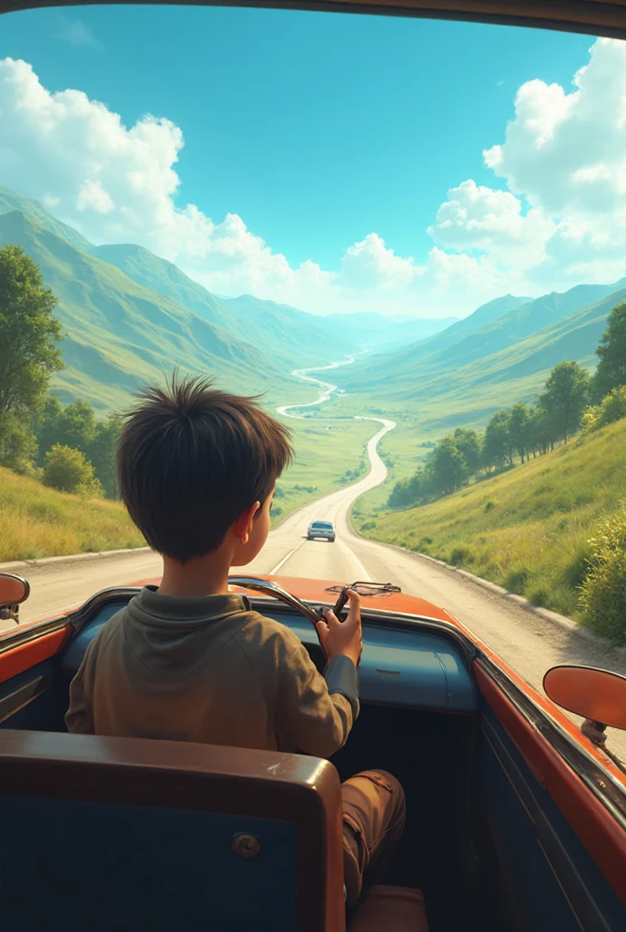 A boy drive in a car outside - SeaArt AI