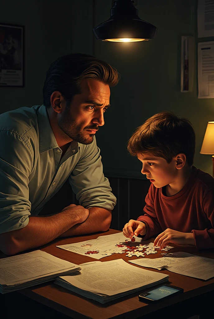 Background: A small, dimly lit apartment. Unpaid bills stacked on the ...