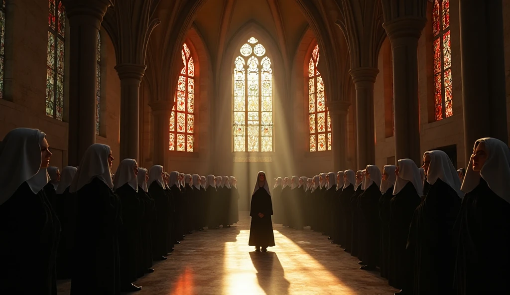 An ultra-realistic medium shot of nuns from , a small choir of nuns ...
