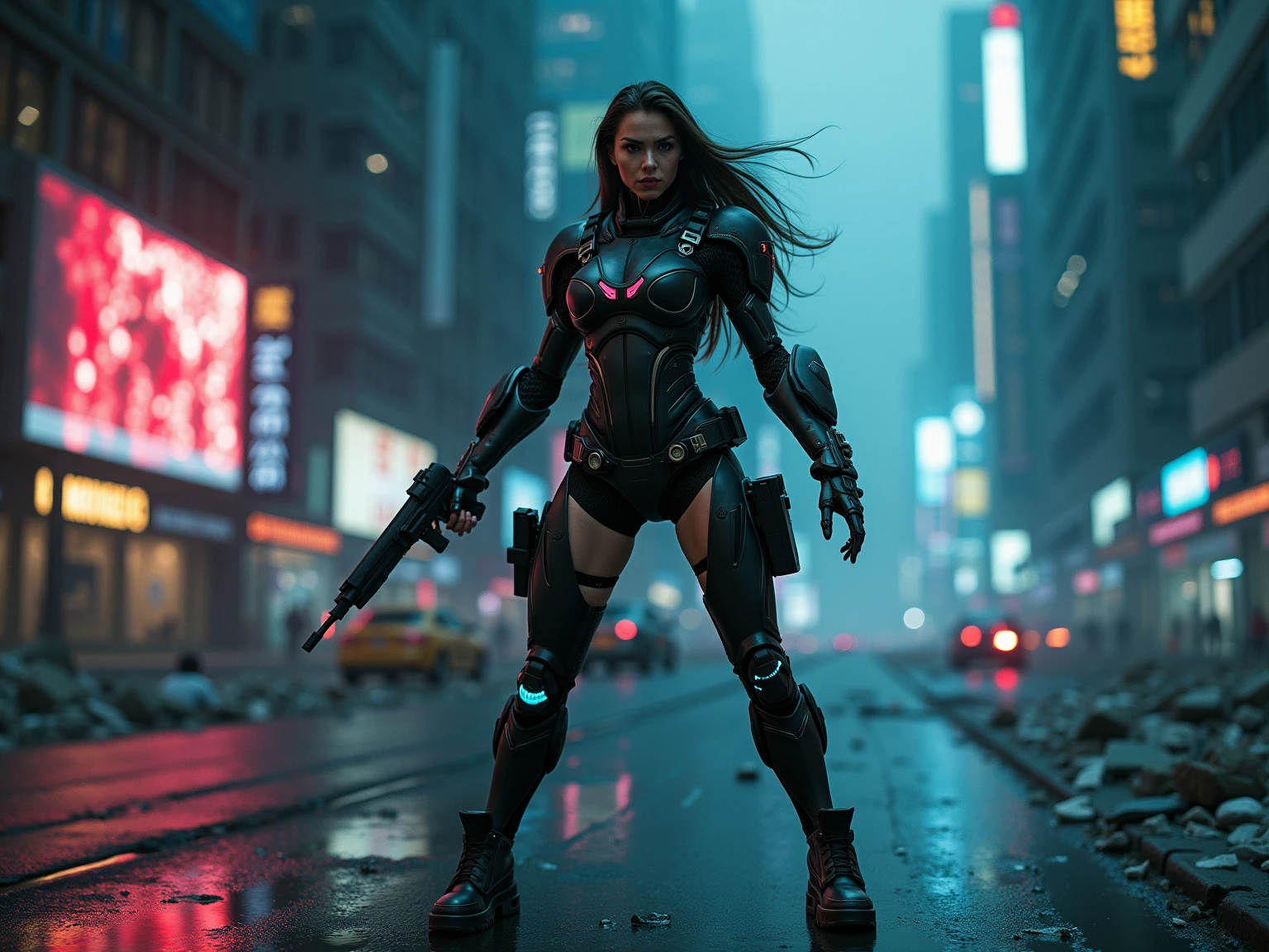 Fierce cyborg warrior woman in combat stance, illuminated cyber - SeaArt AI