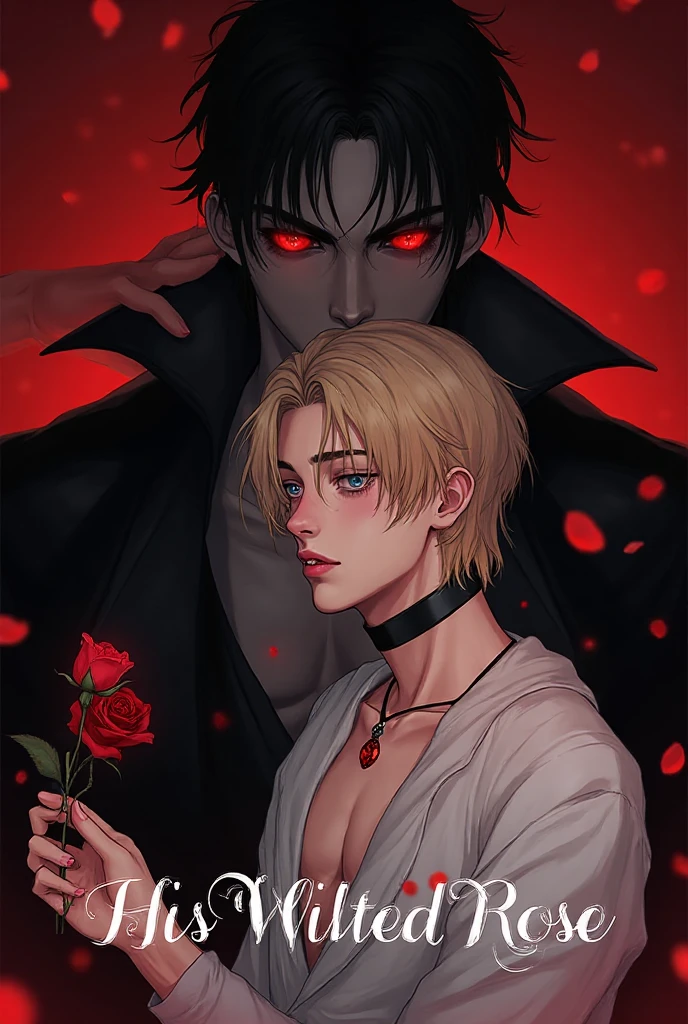 A dark, sensual manhwa-style BL cover illustration. In the foreground ...