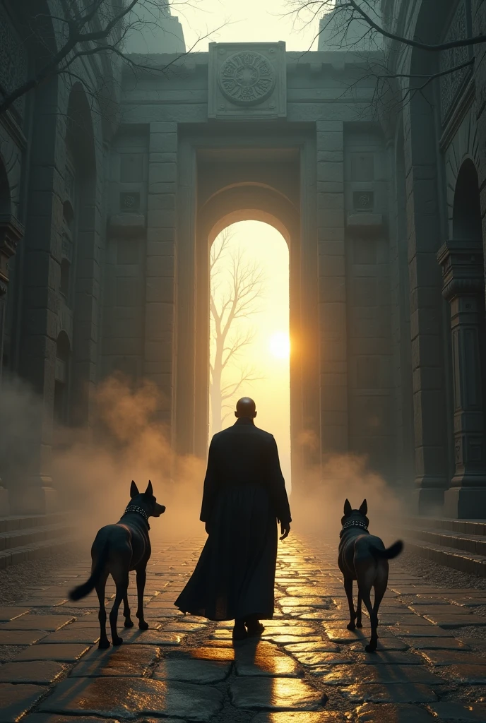 A dark and cinematic ultra-realistic scene. A bald Black man with an ...