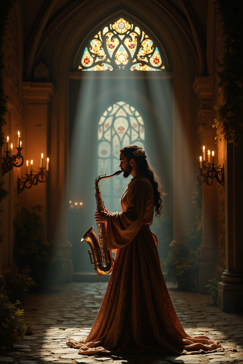 Full-body portrait of an elegant musician playing saxophone, positioned in the c - SeaArt AI