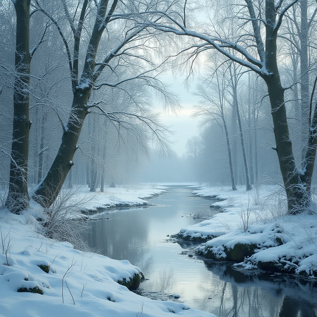 A serene winter scene unfolds along a tranquil, narrow river - SeaArt AI