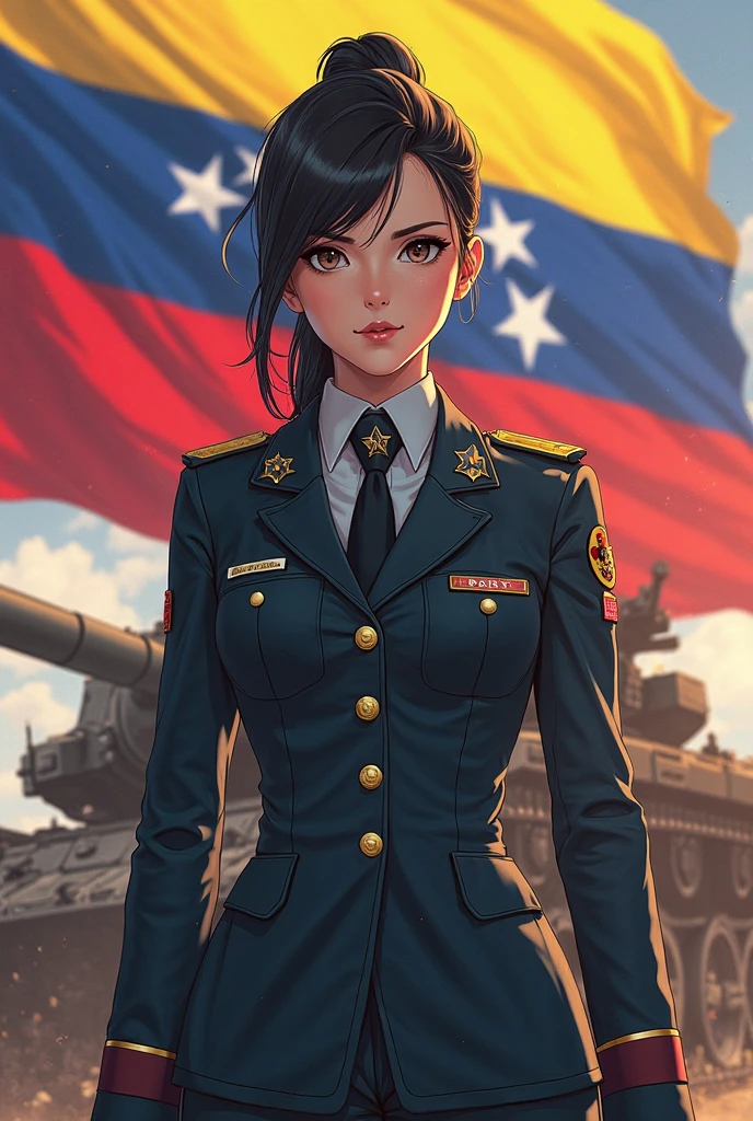 Venezuelan military anime girl with the flag behind and a tank - SeaArt AI