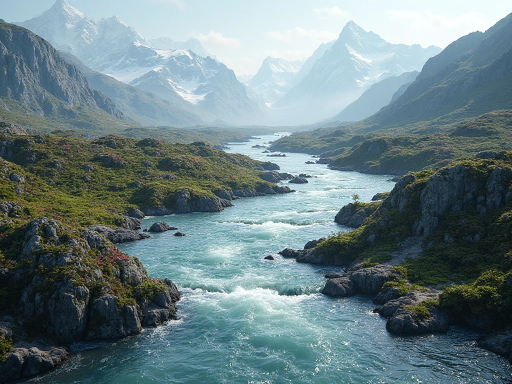 "A wide glacial river winding through rocky terrain, splitting into ...