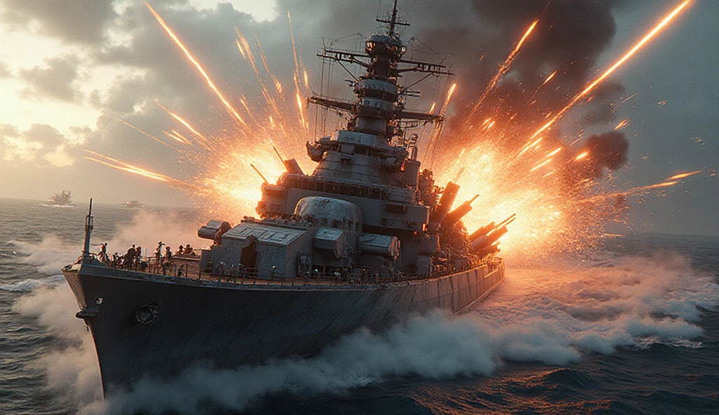 Close-up of warship firing large-calibre guns, tracer rounds in air ...