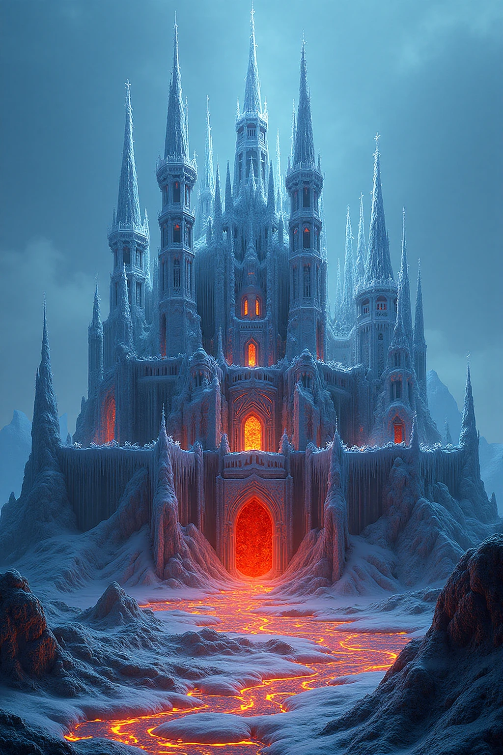An ice-lava castle at the same time - SeaArt AI