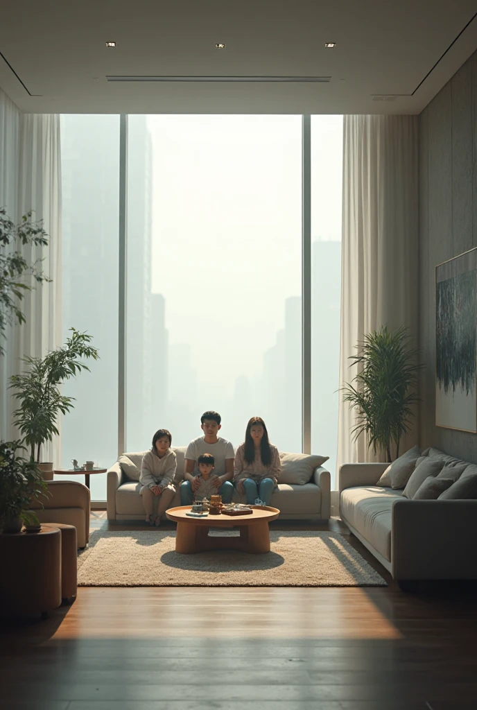 A wide-angle, eye-level view of a spacious modern living room during ...