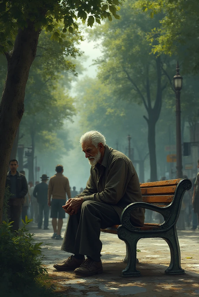 An old man sits alone on a park bench. People are passing by - SeaArt AI