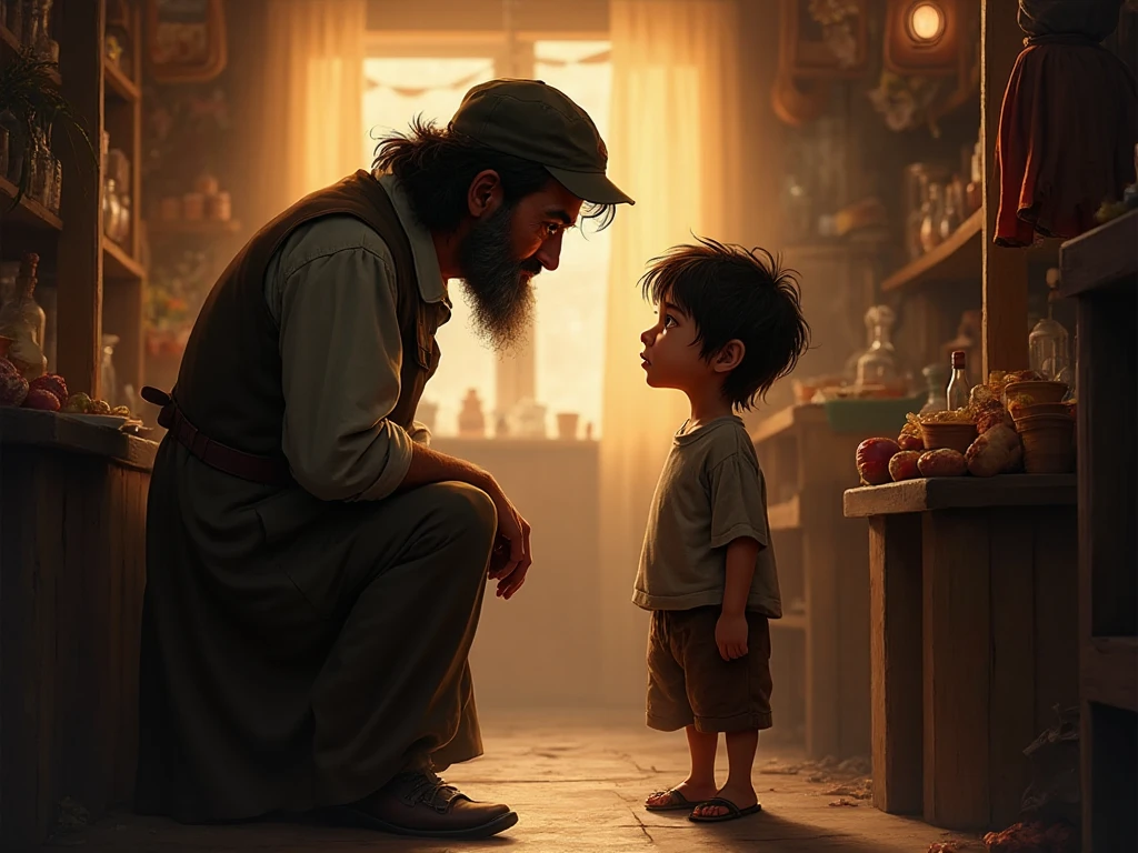 "Shopkeeper bending down kindly to speak with poor boy, boy looking ...