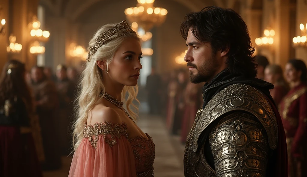 A cinematic scene inside a grand medieval palace, warm candlelit ...