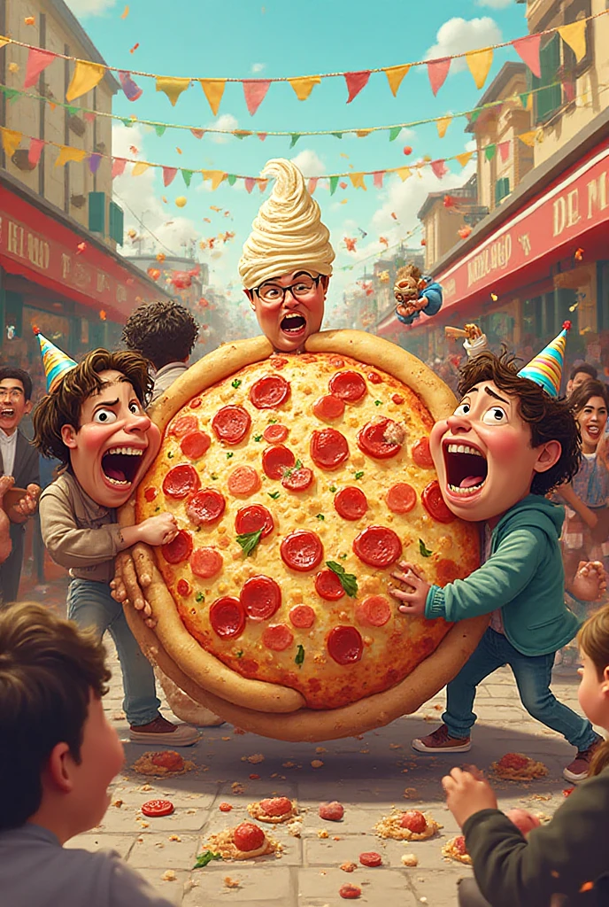 “A family is fighting over a huge pizza and ice cream at the Ferragosto ...