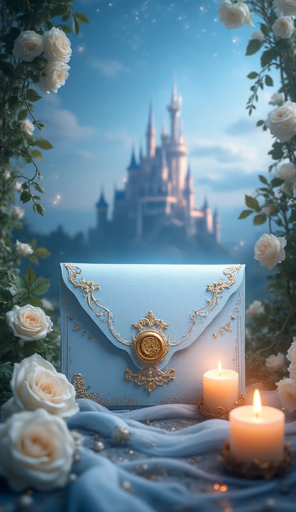 A luxurious fairytale-inspired envelope in a soft powder-blue shade ...