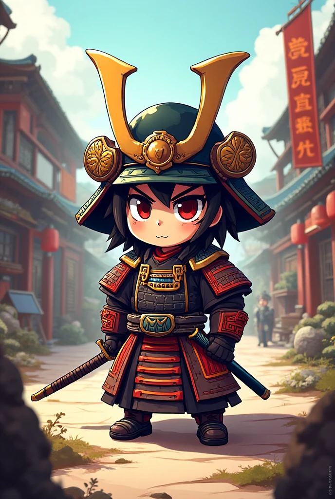 Draw a samurai in chibi style let it be 2D and have an isometric ...