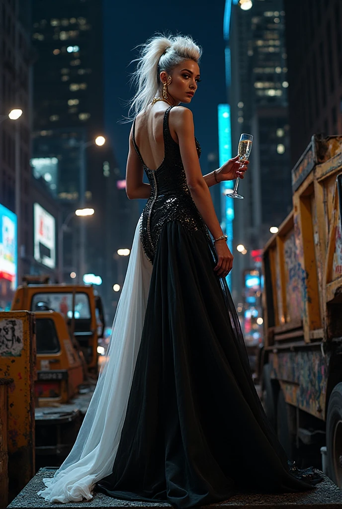 Fashion session in 8K, flashy hairstyle half platinum half black ...