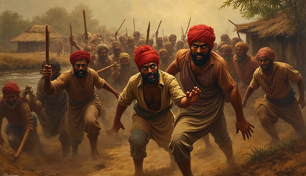 A dramatic painting of an angry village mob chasing a terrified man ...