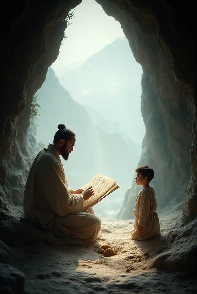 A quiet cave in the mountains. A humble monk in simple clothes sits ...
