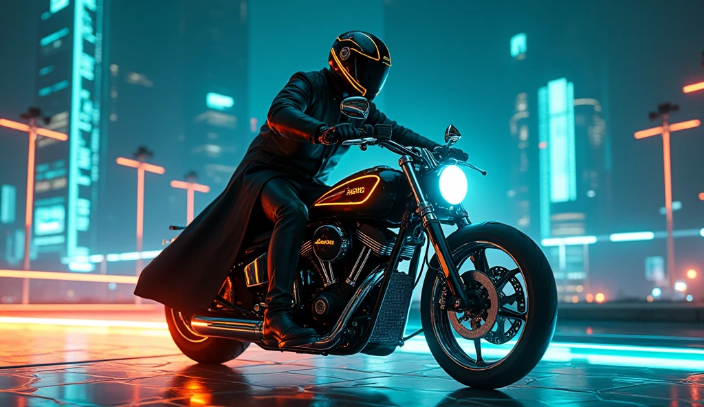 Photorealistic futuristic TRON-inspired biker riding a glowing ...